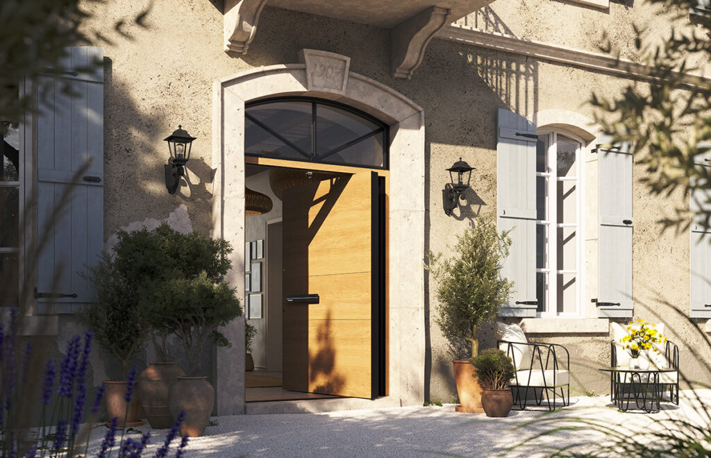 Portes d'entrée pivotantes avec axe de rotation en aluminium et bois ...